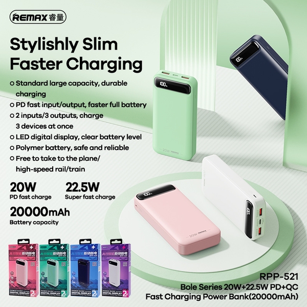 Pin dự phòng sạc nhanh Remax RPP-521 Bole Series 20000mAh QC 22.5W và PD 20W - tích hợp 2 input ...