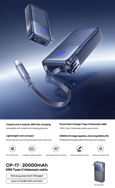 Pin dự phòng REMAX CP-17 20000mAh TypeC PD In/Out 65W, USB-A 22.5W, Kèm cáp rút TypeC, Chân cắm ...