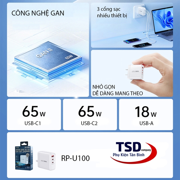 Củ Sạc Nhanh 3 Cổng GaN 65W Remax RP-U100 Chính Hãng | Phụ Kiện Tân Bình