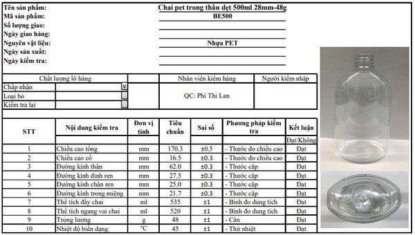 BE500-Chai pet thân dẹt 500ml-28mm Chailo.com.vn
