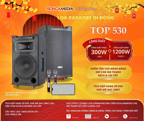 Loa kéo di động Acnos TOP 530 (Bass 50cm, 300W/1200W, Kèm 2 Micro) | Vinakara.com