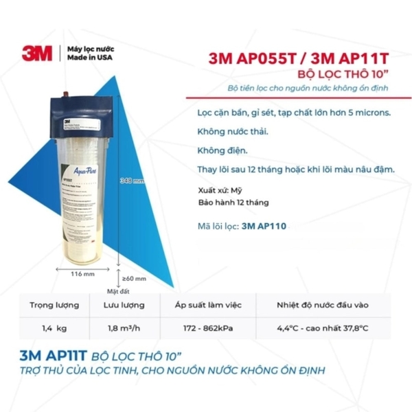 Bộ lọc thô 3M AP11T/ AP055T 10 inch (kèm lõi AP110)