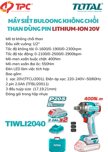 Máy siết buloong không chổi than dùng pin Lithium-Ion 20V TIWLI2040 total | SIÊU THỊ MÁY MÓC ...