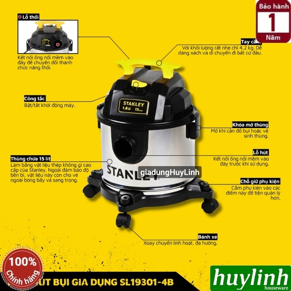 Máy hút bụi khô - ướt - thổi Stanley SL19301-4B - 1350W - 15 lít