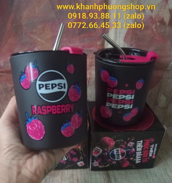 Ly thủy tinh có nắp kèm ống hút cao cấp quà tặng Pepsi 350ml Khánh Phương Shop