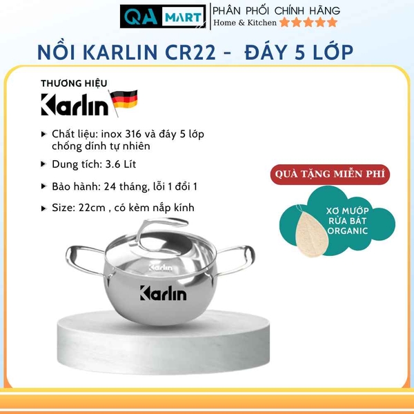 Nồi Karlin Chống Dính Tự Nhiên CR20 – CR22 – CR24 – Đáy 5 Lớp – Kiểu Dáng Bo Tròn – Thương Hiệu ...