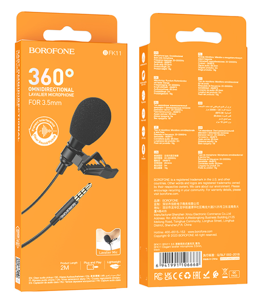 Míc có dây mini jack 3.5mm cáp dài 2m Borofone BFK11 màu đen