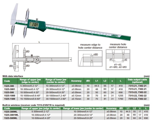 Thước cặp đo khoảng cách lỗ/cạnh tới lỗ, INSIZE 1525-300 - Etech