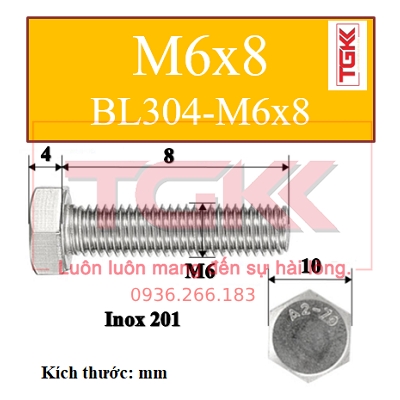 Bu lông inox 304-M6x8 Siêu thị ốc vít