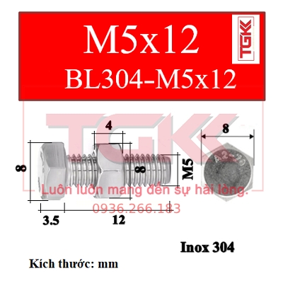 Bu lông inox 304-M5x12+E Siêu thị ốc vít