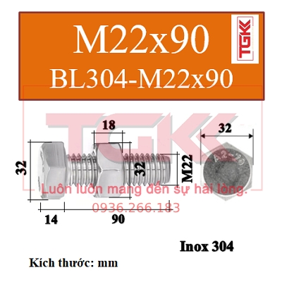 Bu lông inox 304-M22x90+E Siêu thị ốc vít