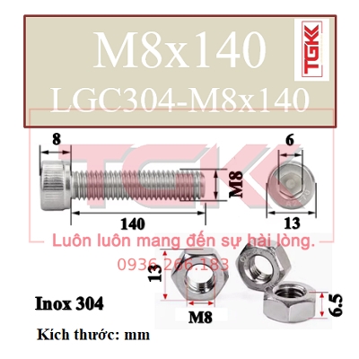 Bu lông lục giác chìm inox 304-M8x140+E Siêu thị ốc vít