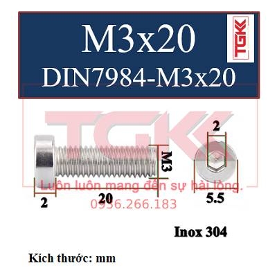 Lục giác chìm đầu mỏng inox 304-M3x20 DIN7984 Siêu thị ốc vít