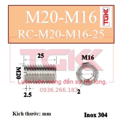 Ren cấy hạ bậc M20x2.5-M16x2 (25mm) sus304 Siêu thị ốc vít