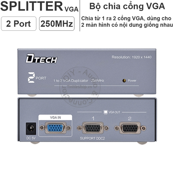 Bộ chia VGA 1 ra 2 250MHz 1920x1440P DTECH DT-7252 - VGA splitter 1x2 | Tinh Tế Shop