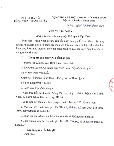 Yêu cầu báo giá cho các gói thầu: Mua sắm linh kiện, phụ kiện máy moni Bệnh viện Thanh Nhàn