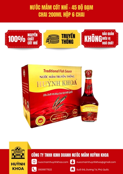 Nước mắm PQ Huỳnh Khoa - 40 độ đạm - Chai 205ml - Hộp 6 chai - Cốt nhĩ nguyên chất Hồng Châu Yến ...