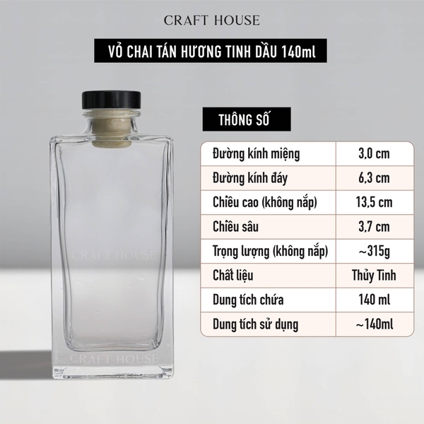 Vỏ Chai Tán Hương Tinh Dầu Vuông Cao Kèm Nút Chặn 140ml - Clear | Crafthouse