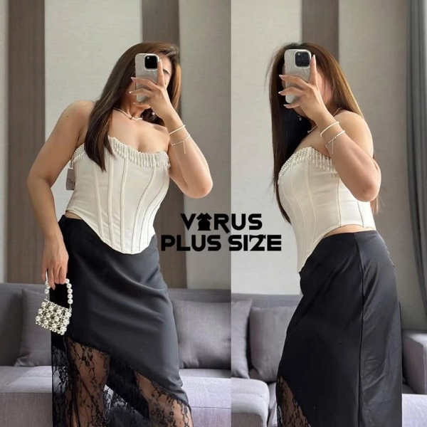 [virusplussize]Set áo cúp ngực/ chân váy lụa mix luới bigsize xuất xịn(có tách lẻ) | Virus Plus Size