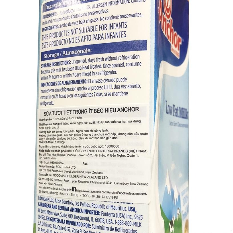 Sữa tươi Anchor Low Fat Milk 1L - Ít béo nguyên chất 100% New Zealand