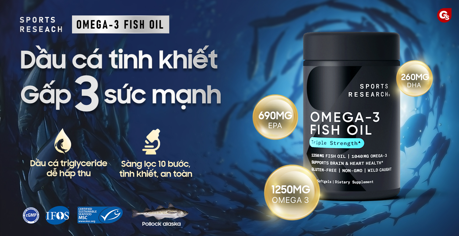 Sports Research Omega-3 | Dầu cá cao cấp, dễ hấp thu