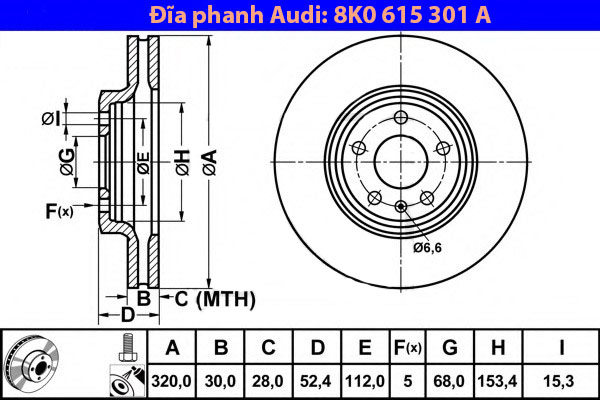 Đĩa phanh trước Audi Q5 A4 A5 chính hãng, 8K0615301A