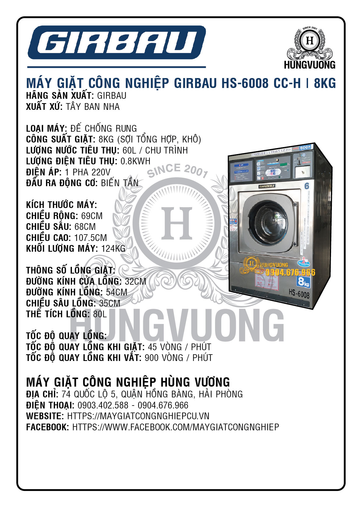 MÁY GIẶT CÔNG NGHIỆP HÙNG VƯƠNG | GIRBAU HS-6008 CC-H | 8KG