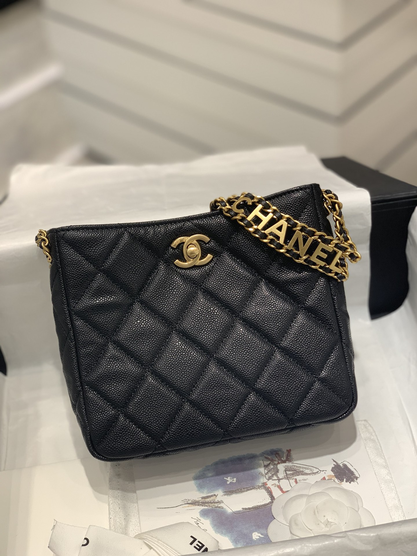 TÚI CHANEL Hobo 22S Black Caviar đen logo vàng da HAAS