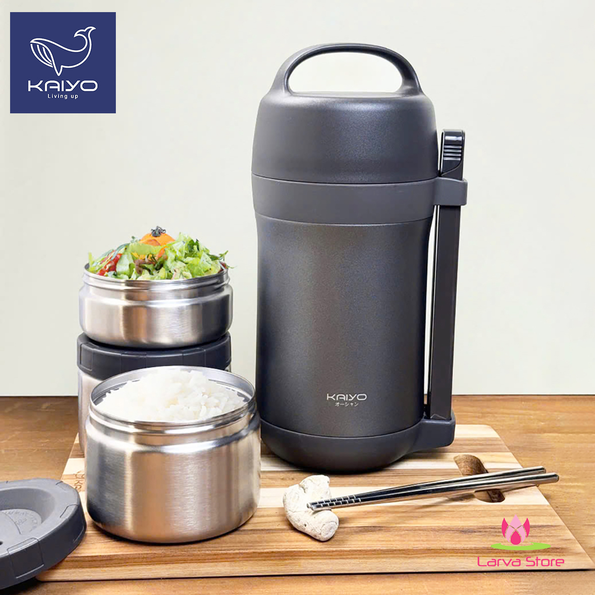 Bộ hộp cơm giữ nhiệt Kaiyo 1600ml bằng inox 304 kèm hộp đựng đũa (màu ghi)