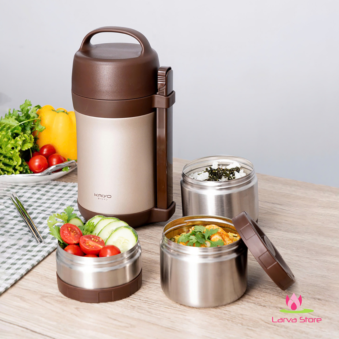 Bộ hộp cơm giữ nhiệt Kaiyo 1600ml bằng inox 304 kèm hộp đựng đũa (màu nâu)