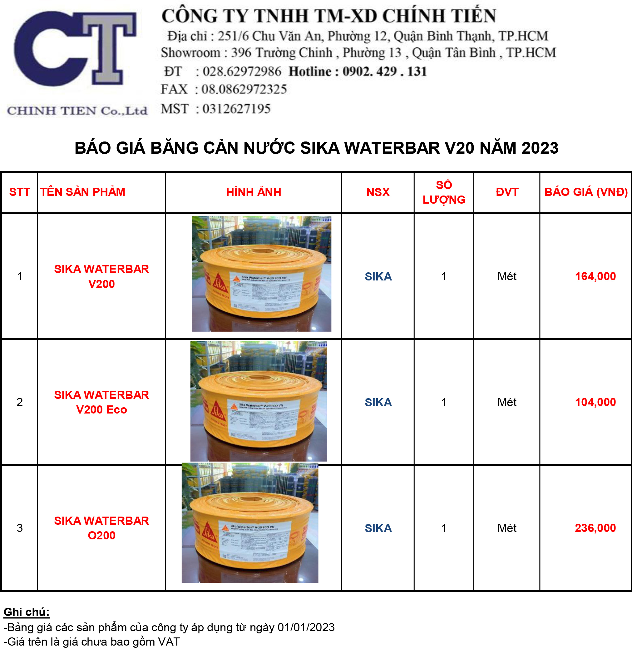 BÁO GIÁ SIKA WATERBAR V20 NĂM 2023 – Hóa chất xây dựng