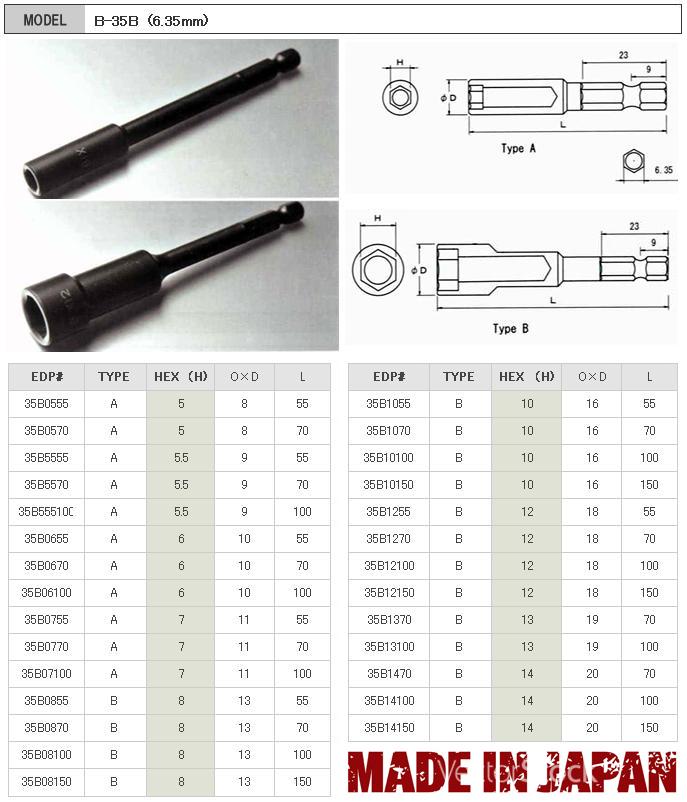 Đầu bits đầu khẩu B-35B - Đầu bit dạng tuýp | Đầu bits vặn vít Nhật