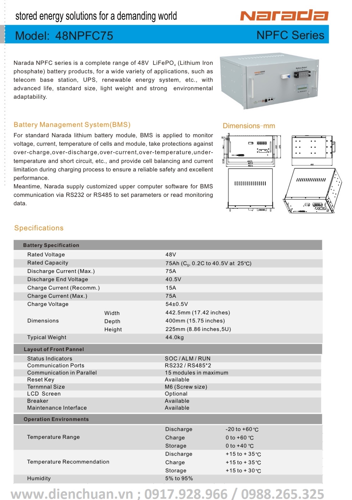 Ắc quy/ pin Lithium Narada 48V 75Ah Model: 48NPFC75