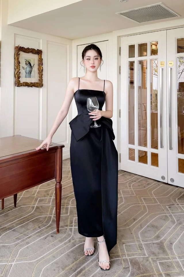 Đầm dạ hội kiểu hai dây cúp ngực phối nơ eo dự tiệc Alvin Store 2937 (Đen) | AlvinStore.Vn