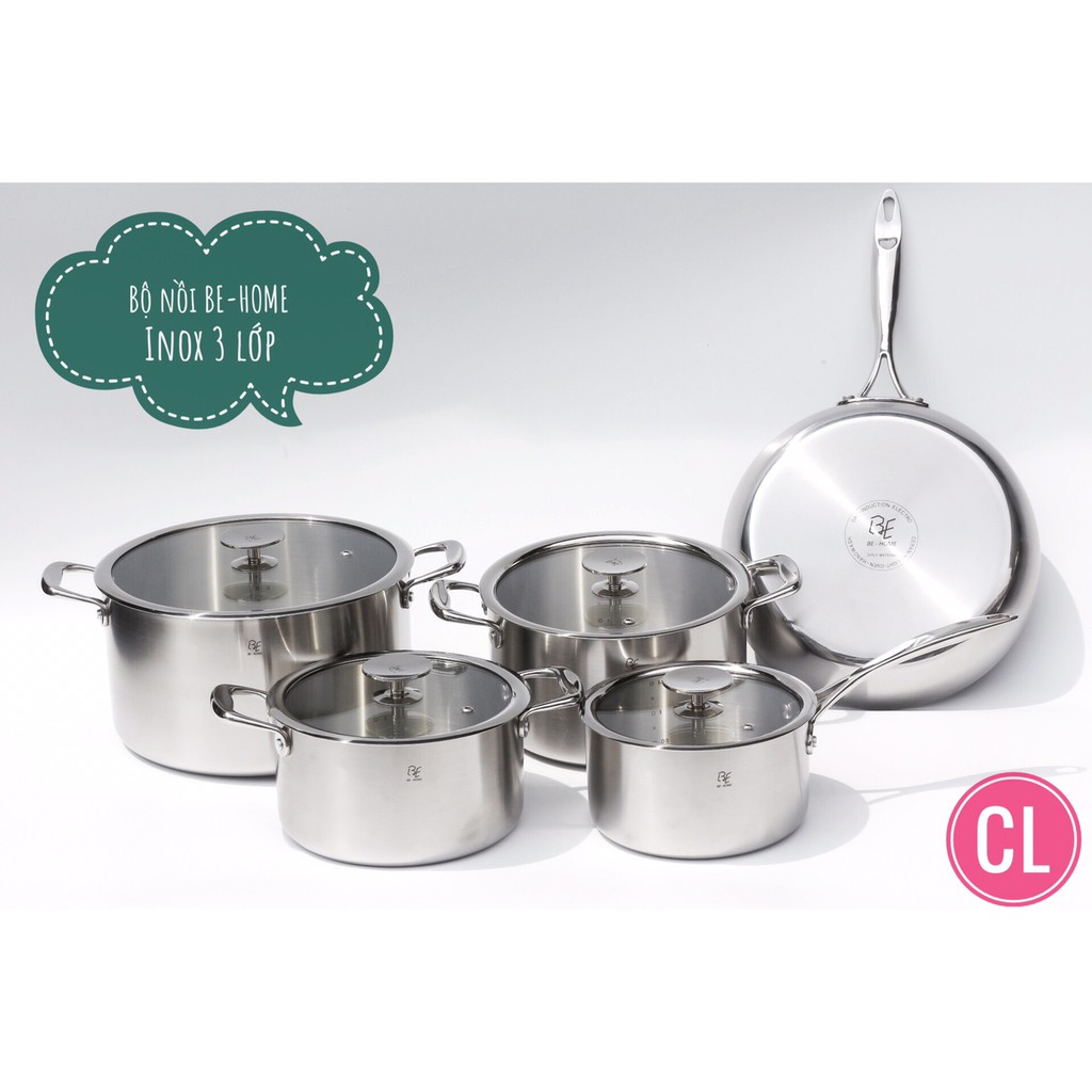Bộ nồi Behome 3 lớp 5 món vung kính Inox 304 cao cấp | Phương mart