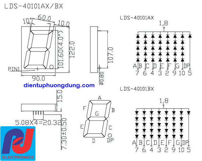 LED 7 thanh 4.0 màu đỏ, Anot 90x122mm, 40101BS | Điện tử Phương Dũng