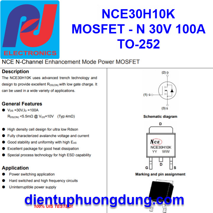 NCE30H10K MOSFET-N Channel 30V 100A TO252 | Điện tử Phương Dũng