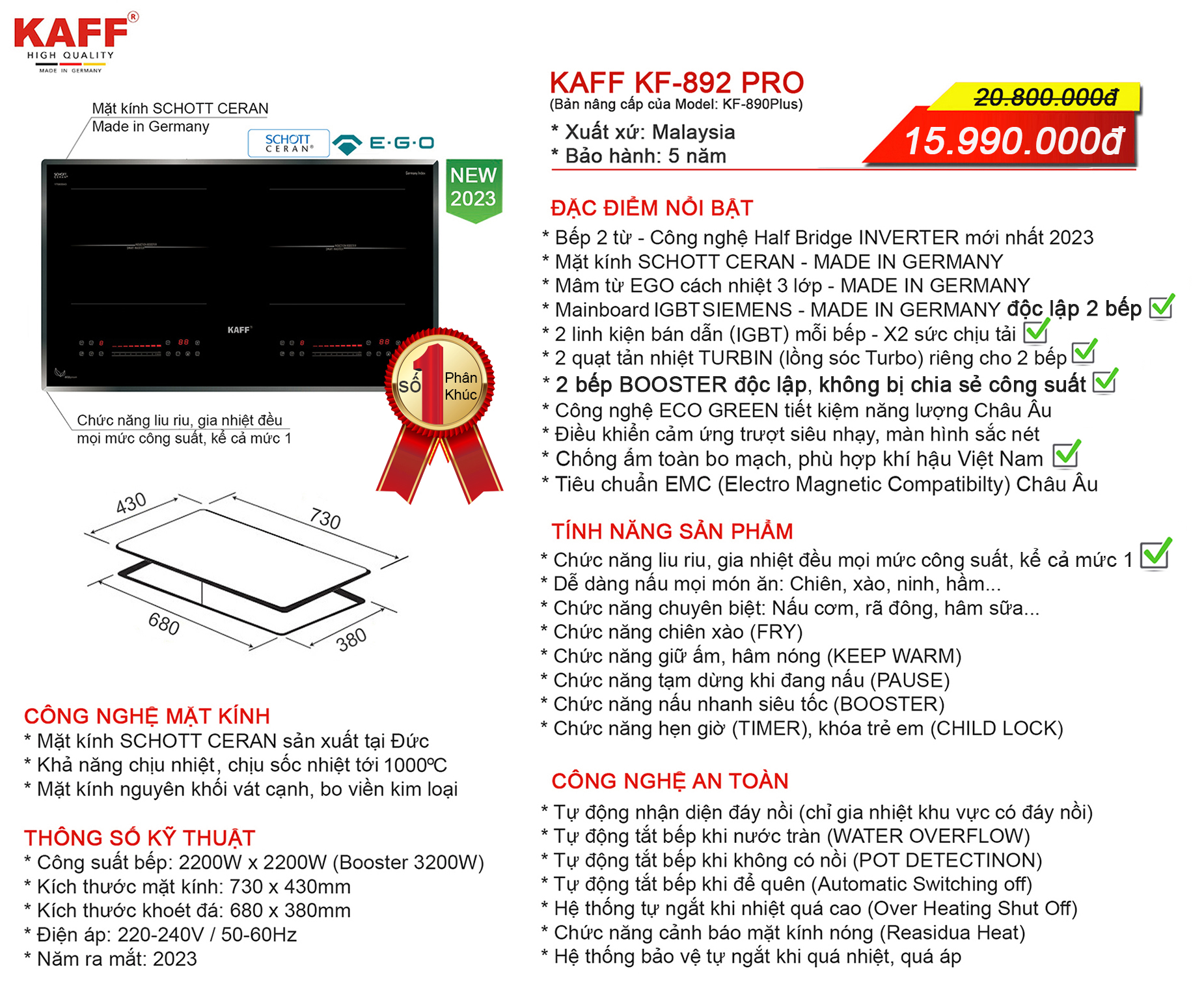 Bếp từ KAFF KF-892Pro (Smart inverter) - Made in Malaysia - Bếp từ số 1 phân khúc