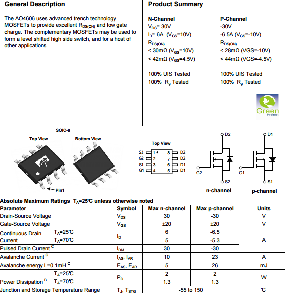MOSFET Kép AO4606 kênh N + P 30V/6A SOP8 - F9H14 | Công ty cổ phần Linh Kiện Việt Nam
