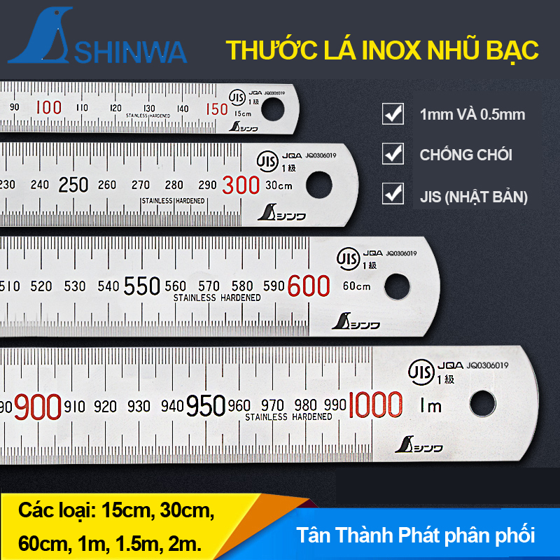 Thước lá inox mạ nhũ bạc Shinwa