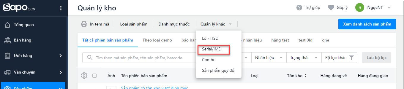 Quản lý sản phẩm serial/imei
