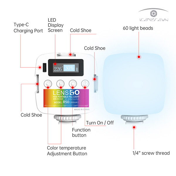 Đèn led RGB Lensgo R50 video light hỗ trợ quay phim chụp ảnh
