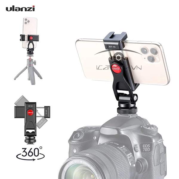 Kẹp điện thoại ULANZI ST-10 kim loại xoay 360 độ kèm Cold Shoe Mount