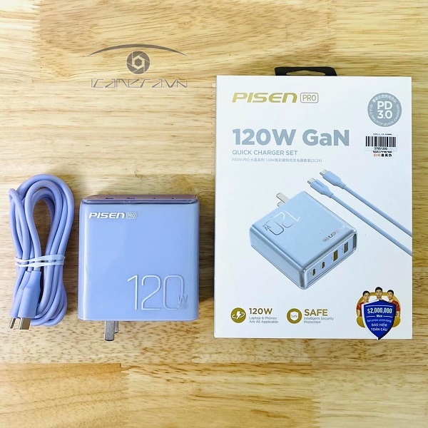 Bộ sạc PISEN PRO Crystal 120W GaN 2C2A kèm dây C to C, sạc nhanh đa ...