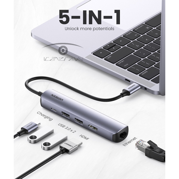 Hub USB Type C 5 in 1 to HDMI, LAN, USB 3.0, PD USB C chính hãng Ugreen 10919