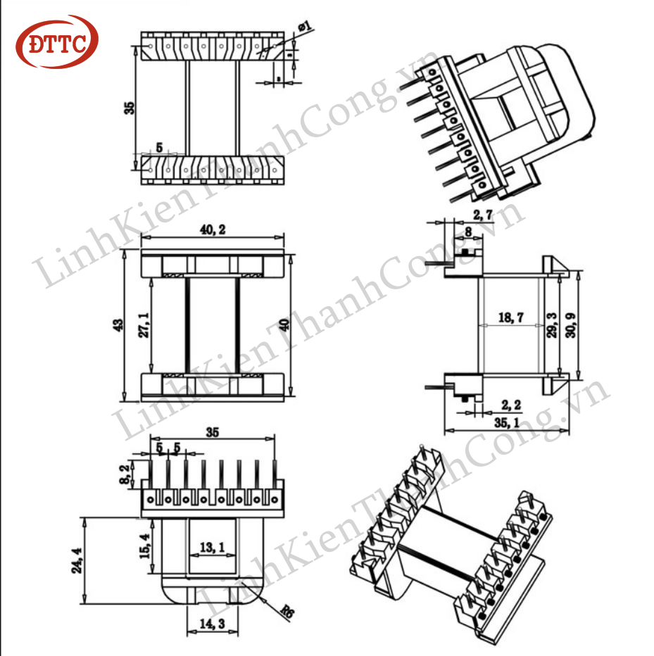 Biến Áp Xung EE4215 Nằm (8+8) Lõi Hở - Linh Kiện Thành Công