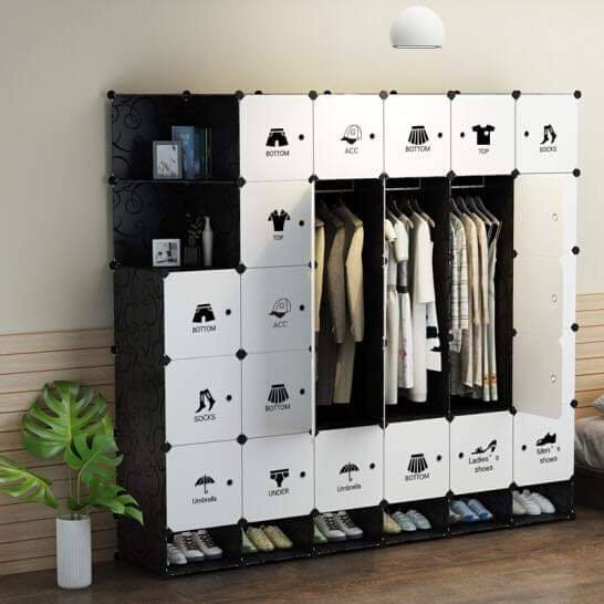 Tủ nhựa lắp ghép icon quần áo 30 ô màu trắng (có 6 ô giày) Family