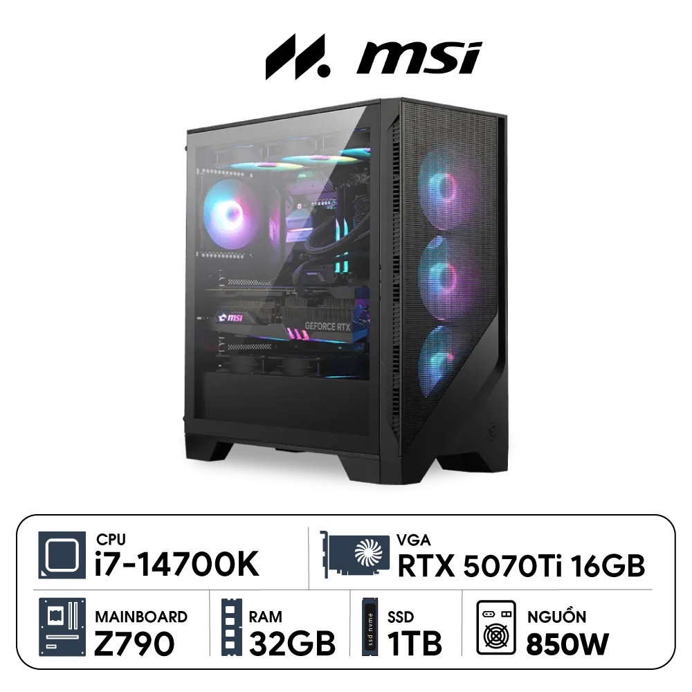 PC MSI i7-5070Ti (i7-14700K, RTX 5070 Ti 16G, Ram 32GB DDR5, SSD 1TB, 850W)
