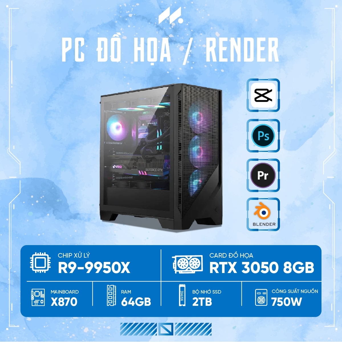 PC Đồ Họa R9-3050 ( Ryzen 9 9950X, RTX 3050 6G, Ram 64GB, SSD 2TB, 750W)