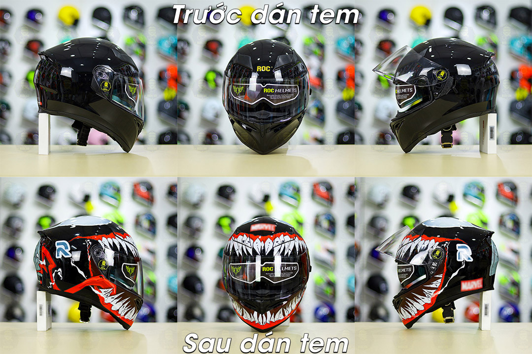 Mũ Fullface ROC 05 Đen Bóng + Dán Tem Decal VENOM Version 2 FREESHIP